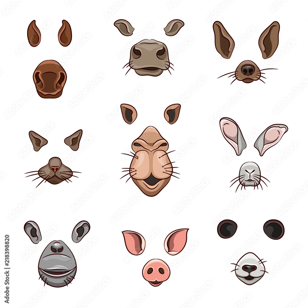 A set of animal face elements. The design of the ear and nose. Mask ...