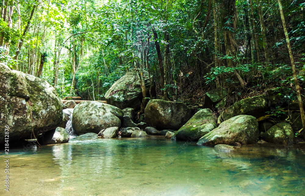Jungle stream flowing into waterfalls & pools, with surrounding rain ...