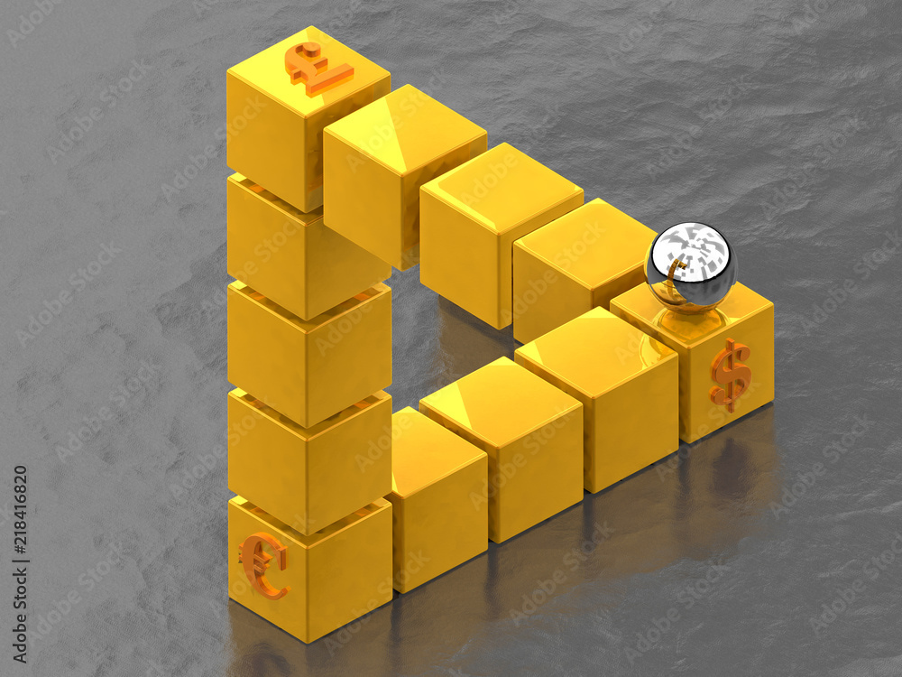 image of impossible triangle of golden cubes with silver sphere, and ...