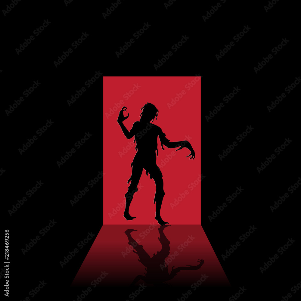 Horror illustration with zombie and open door. Halloween poster Stock ...