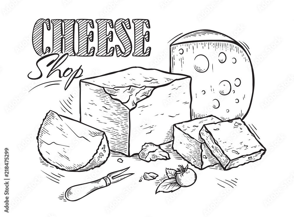Cheese hand drawn set engraving. vector illustration. Stock Vector ...