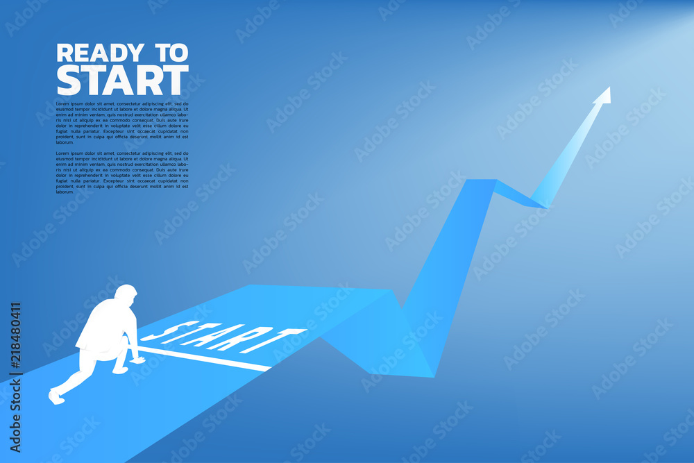 Silhouette of businessman ready to run from start line on growing graph ...