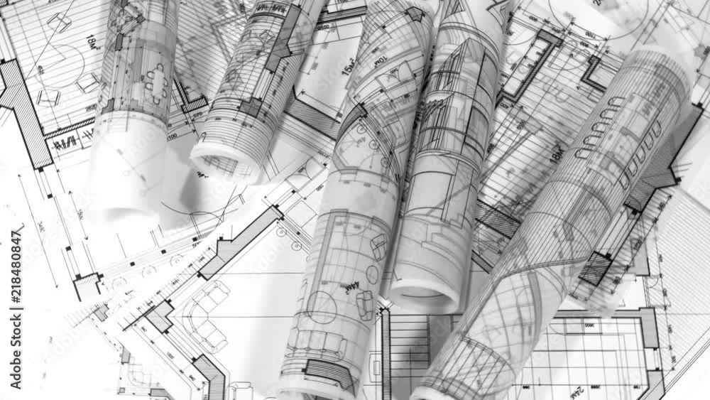 Blueprints - rolls of architectural drawings smoothly rotate on the ...