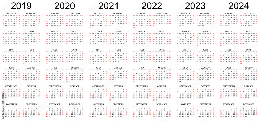 Fototapeta Sześcioletni kalendarz - 2019, 2020, 2021, 2022, 2023 i 2024 ... Fototapeta Sześcioletni kalendarz - 2019, 2020, 2021, 2022, 2023 i 2024 ...