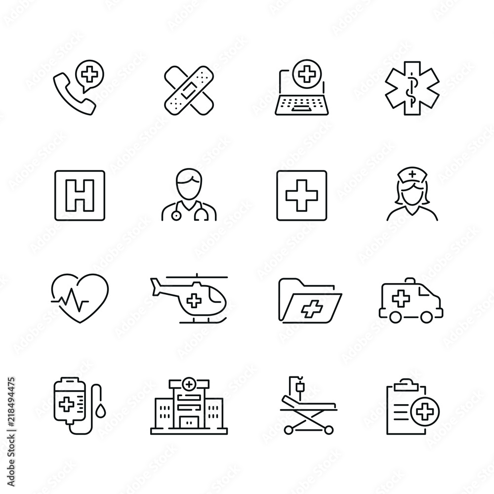 Hospital and medical care related icons: thin vector icon set, black ...
