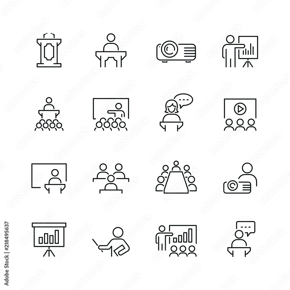 Business presentation related icons: thin vector icon set, black and ...