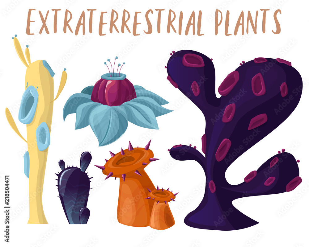 Set of alien Fantastic Plants. Magic fantastic plants. Cartoon vector ...
