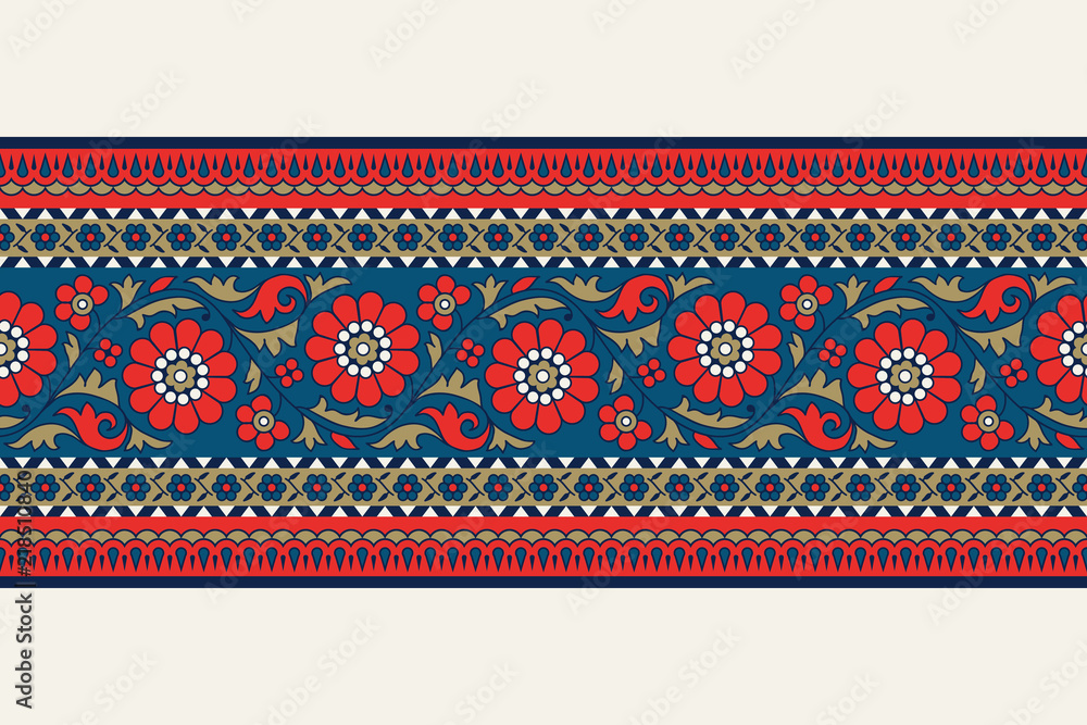 Woodblock printed indigo dye seamless ethnic floral border. Traditional ...