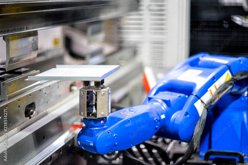 Hand robot working automatic cutting and bending metal sheet by high ...