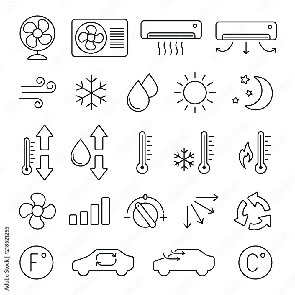 Air conditioning related icons: thin vector icon set, black and white kit Stock Vector | Adobe Stock