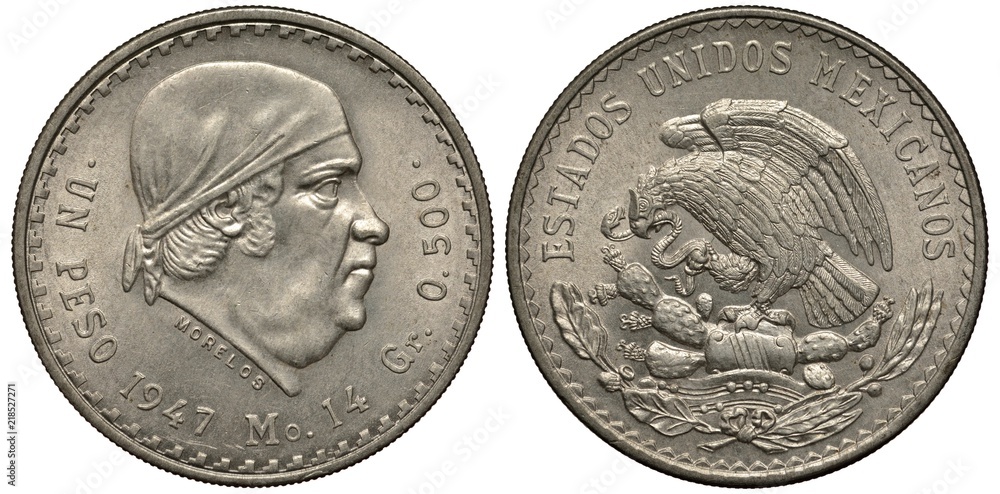 Mexico Mexican silver coin 1 one peso 1950, head of Hose Maria Morelos ...