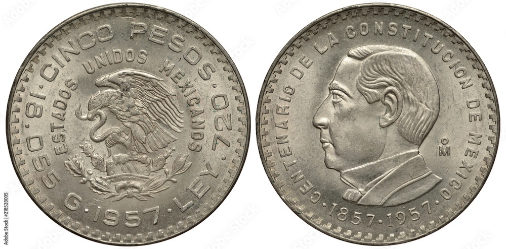 Mexico Mexican silver coin 5 five peso 1957, eagle on cactus catching ...