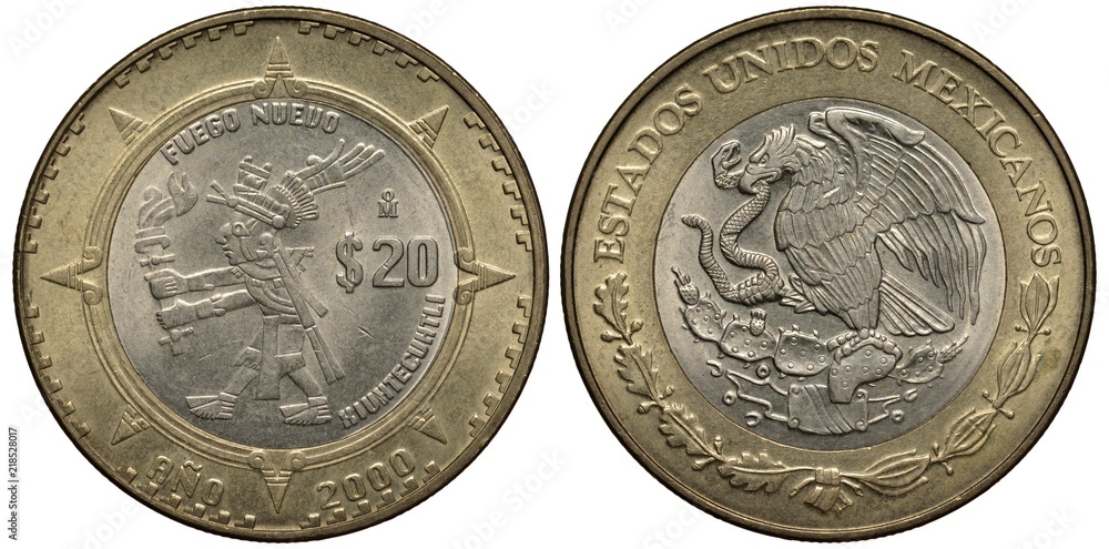 Mexico Mexican bimetallic coin 20 twenty pesos 2000, Aztec god of fire ...