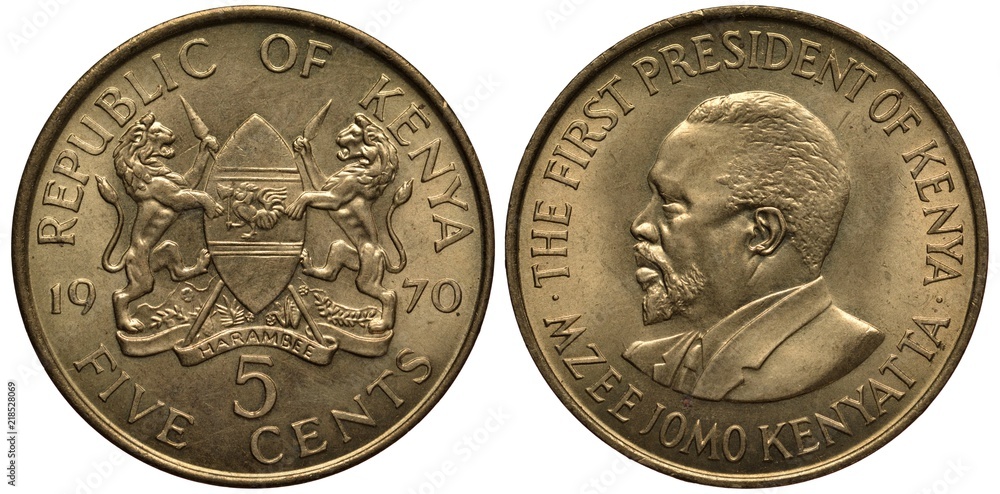 Kenya Kenyan coin 5 five cents 1970, arms, two lions holding lances and ...