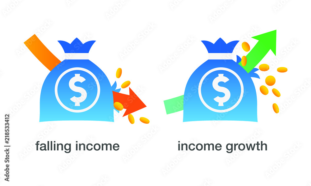 Income growth and falling income; Income increase; Bag pierced by an ...