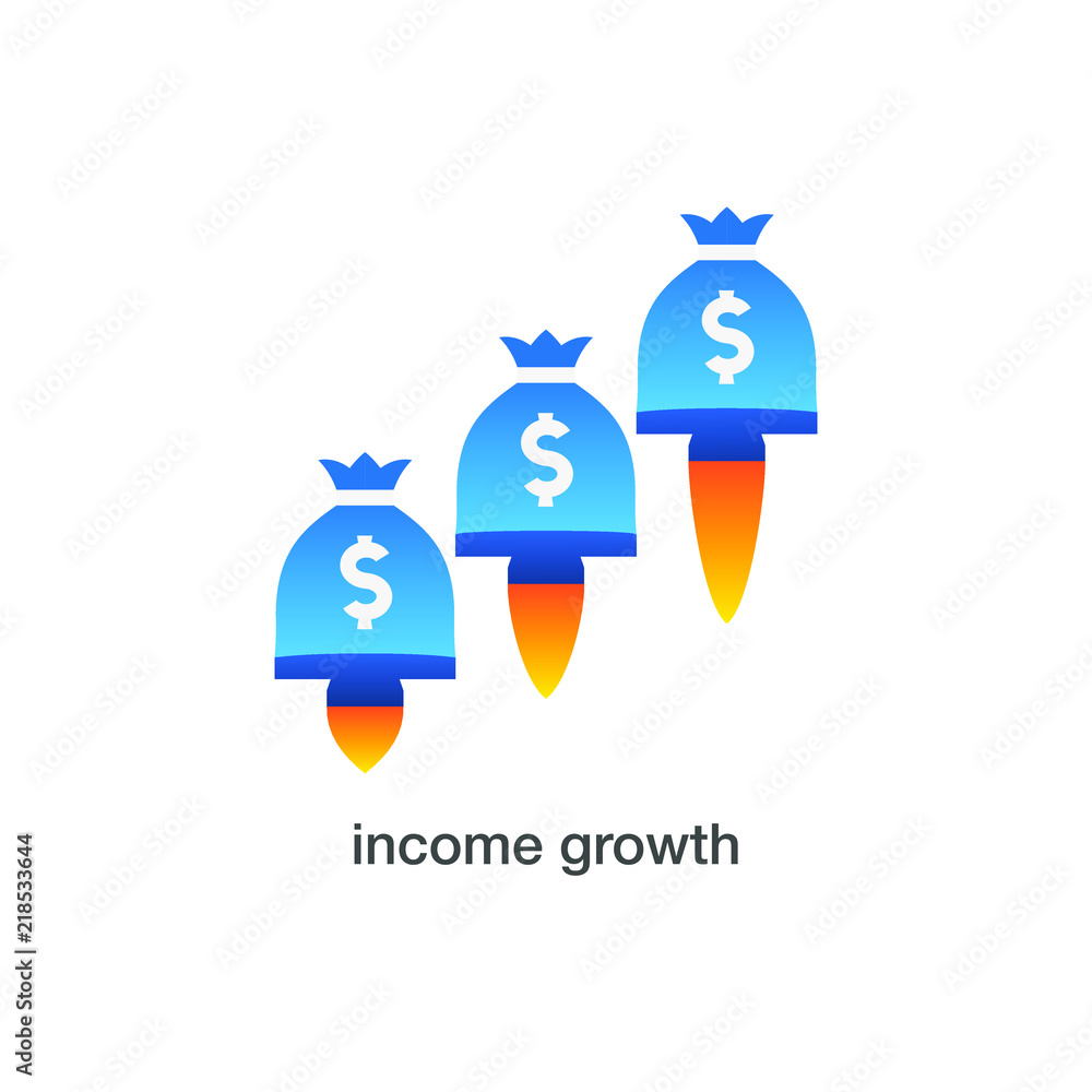 Income growth Rocket upward sign; Income increase symbol; The Bag with ...