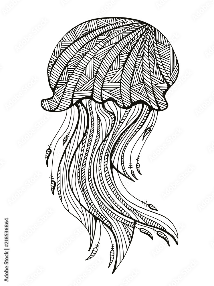 Hand drawn jellyfish for adult Coloring Page in zentangle style ...