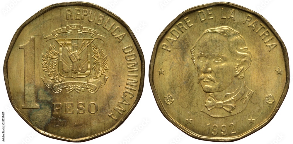 Dominican Republic coin 1 one peso 1992, arms in center, value at left ...
