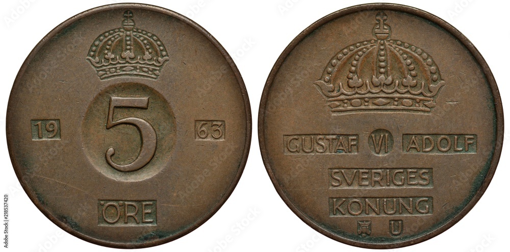Sweden Swedish coin 5 five ore 1963, large digit of value in center ...