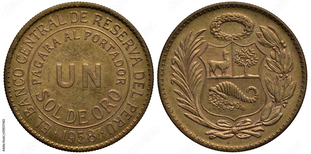 Peru, Peruvian coin 1 one sol 1958, value within circle, date below ...