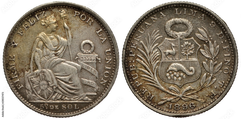 North Peru, Peruvian coin 1/5 one fifth of sol 1896, sitting Liberty ...