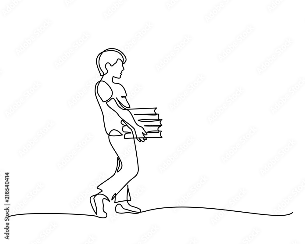 Continuous one line drawing. Boy with books stack. Vector illustration ...