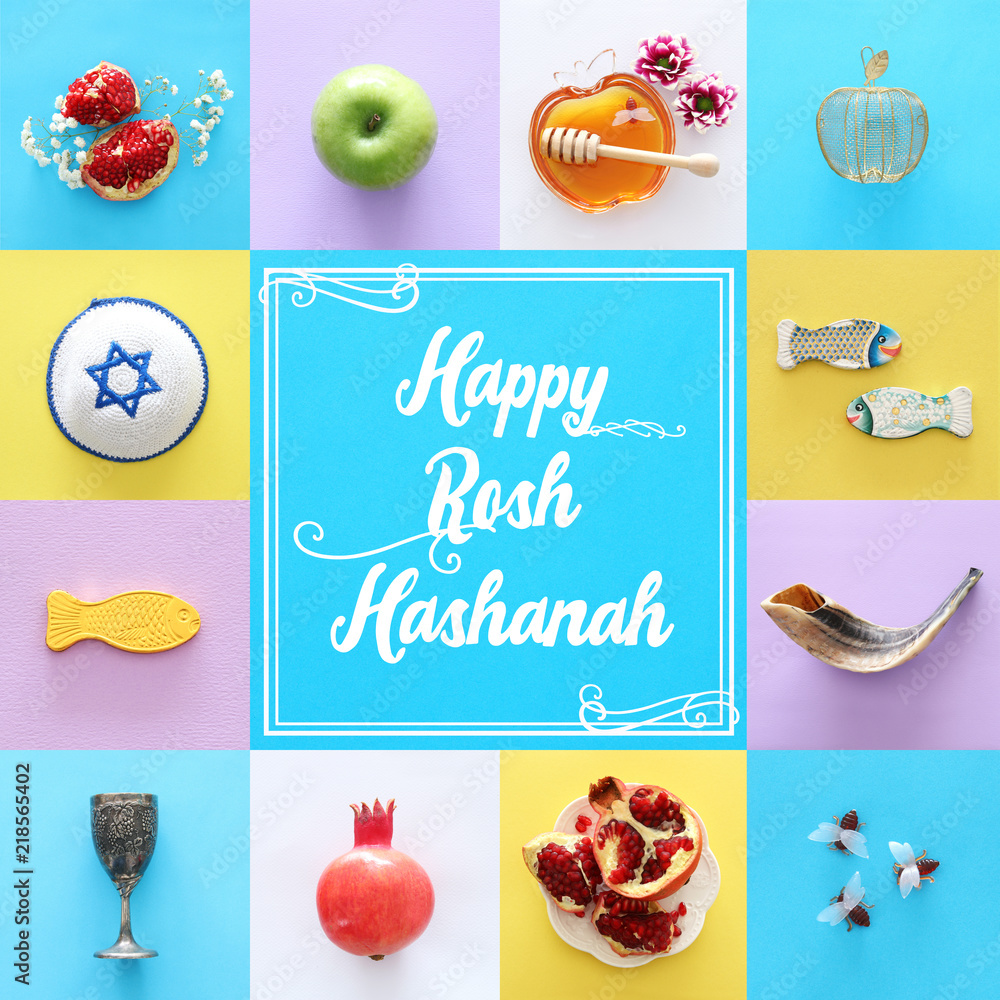 Rosh hashanah (jewish New Year holiday) collage concept. Traditional ...