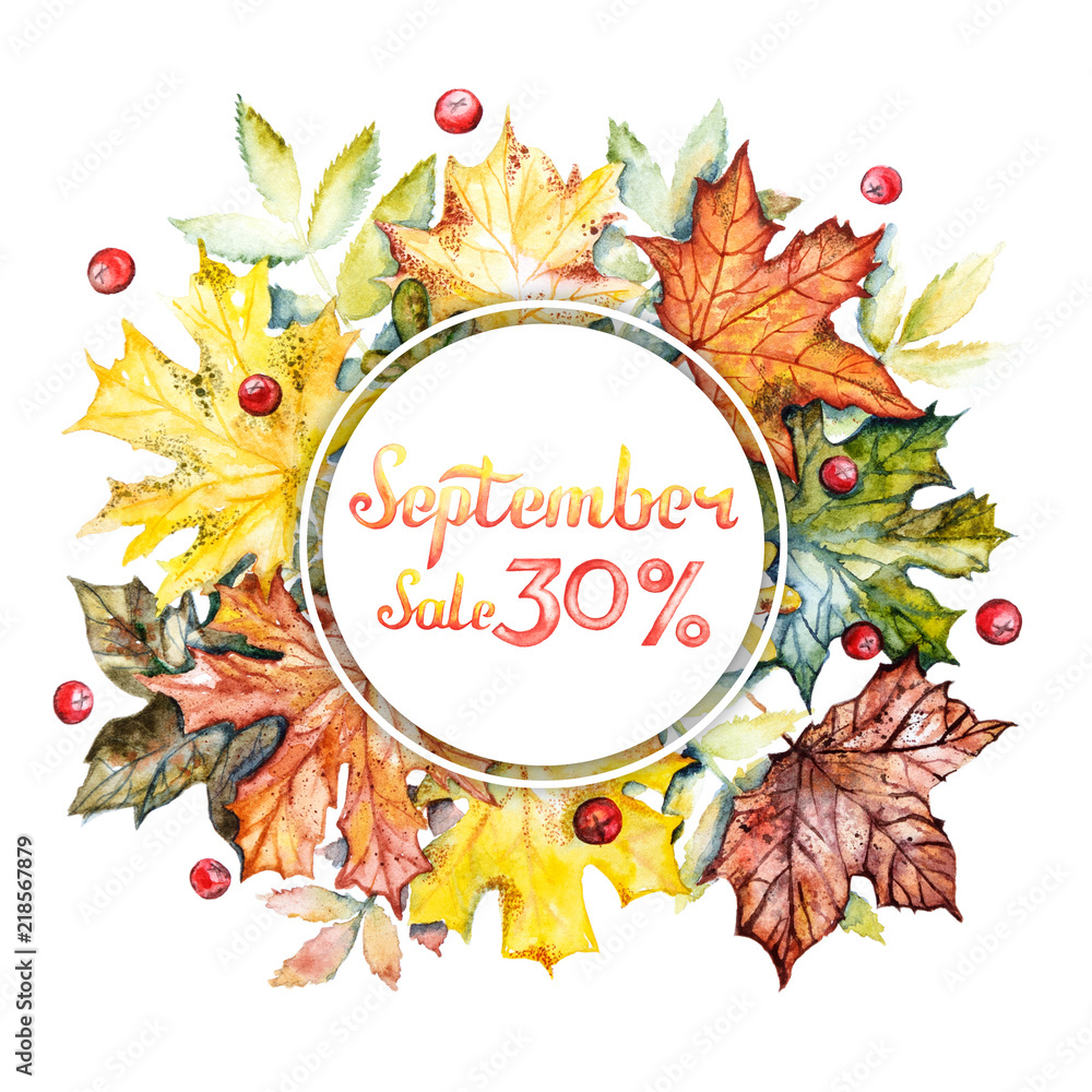 September sale -30% discount banner. Watercolor frame with bright ...