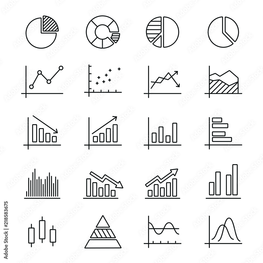 Graphs and diagrams related icons: thin vector icon set, black and ...