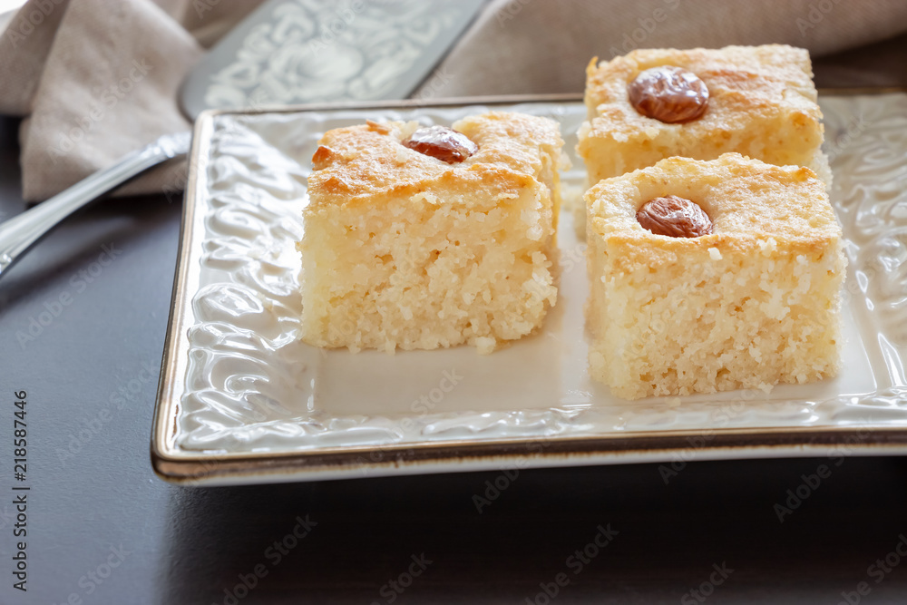 Three Pieces Basbousa Traditional Arabic Semolina Cake with Almond Nuts ...