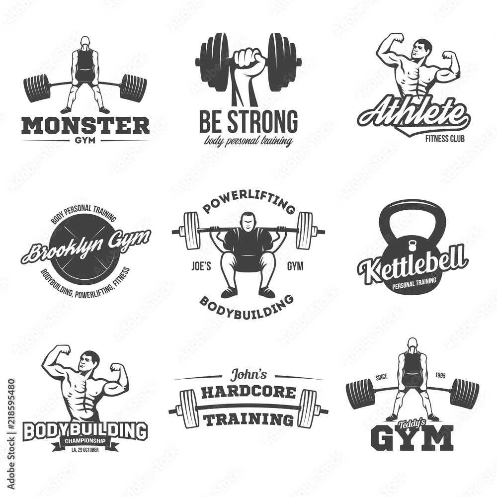 Bodybuilding, powerlifting, kettlebell, workout logotypes signs symbols ...
