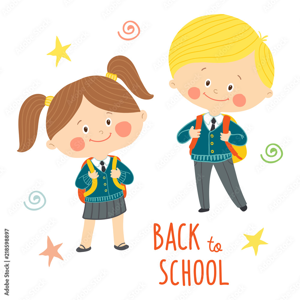 Funny hand drawn kids in school uniforms with schoolbags. Cute boy and ...