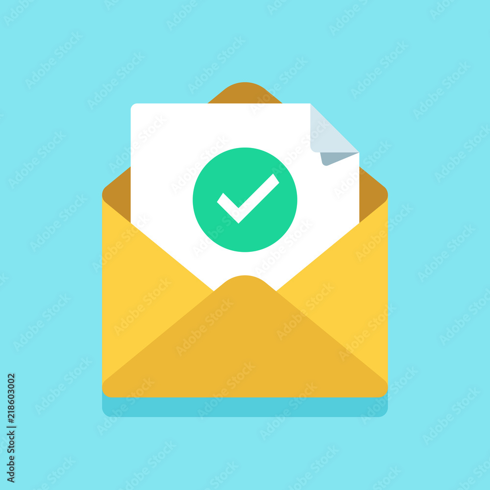 Check mark document in mail envelope. Approved tick marker, accepted or ...