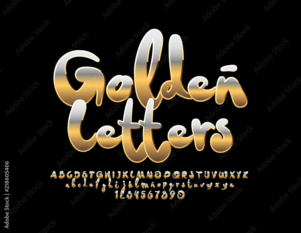 Vector Golden Handwritten Alphabet Letters. Beautiful Font with Numbers ...
