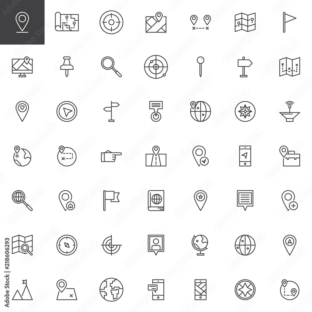 Location and Navigation outline icons set. linear style symbols ...