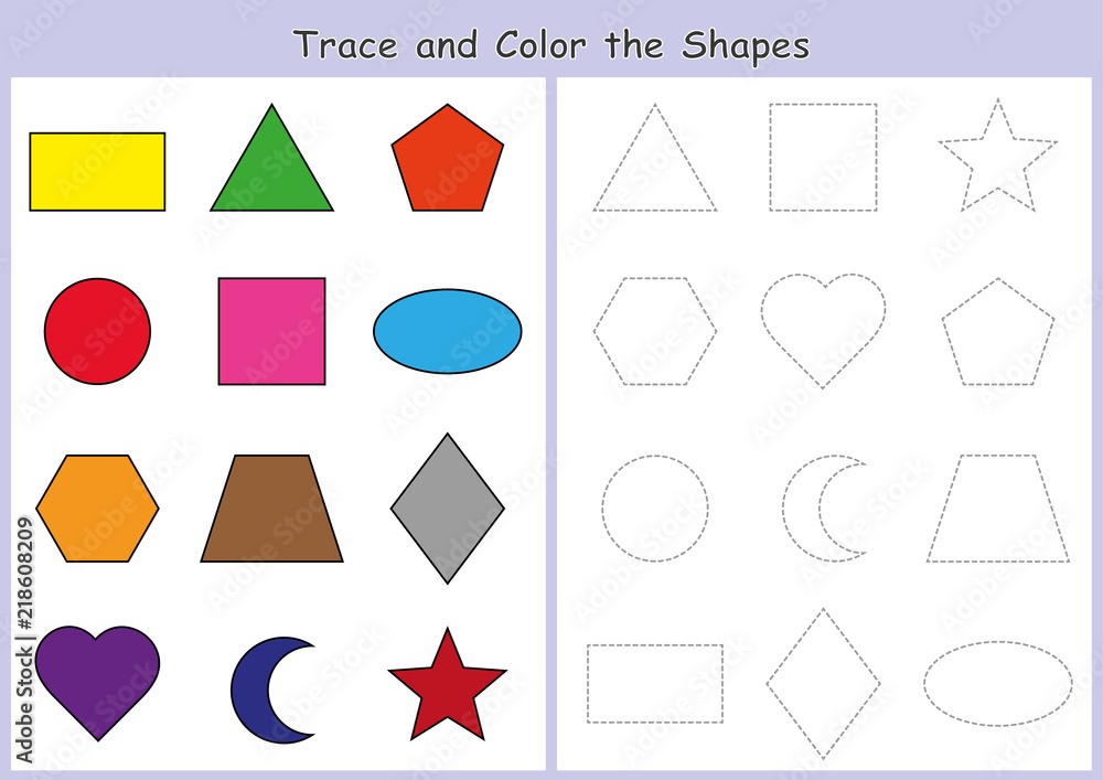 tracing and color the geometric shapes, worksheet for kids Stock ...