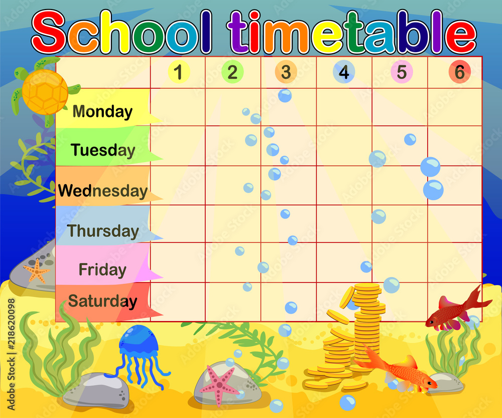 Design of the school timetable for kids. Bright underwater background ...