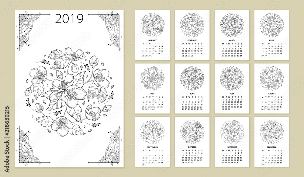 Vector wall calendar for 2019 year with outline round flower bouquet in ...