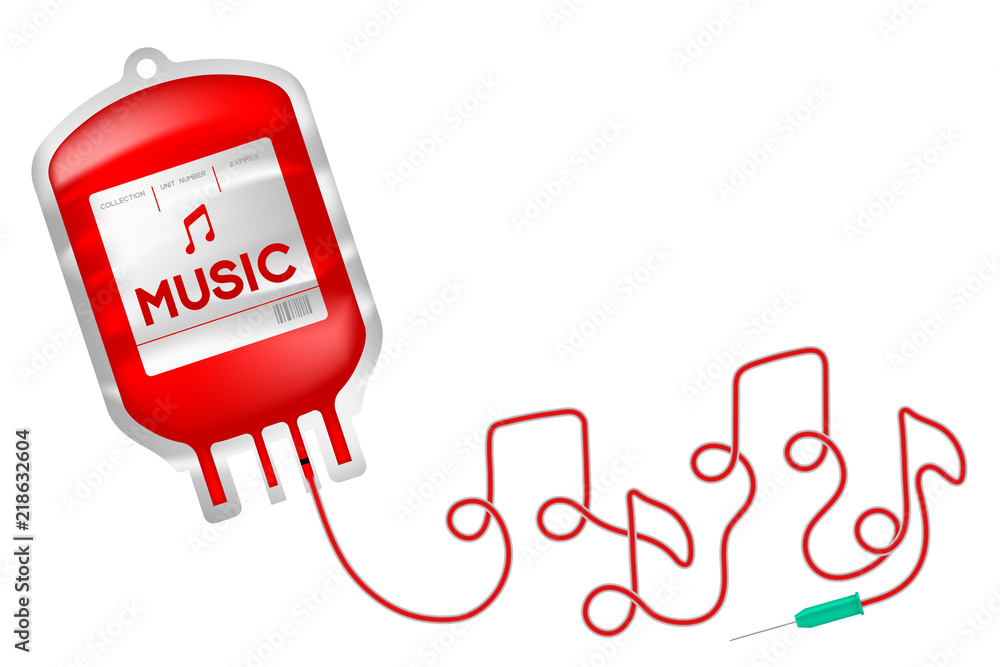 Blood bag red color with Music note sign shape made from cord ...