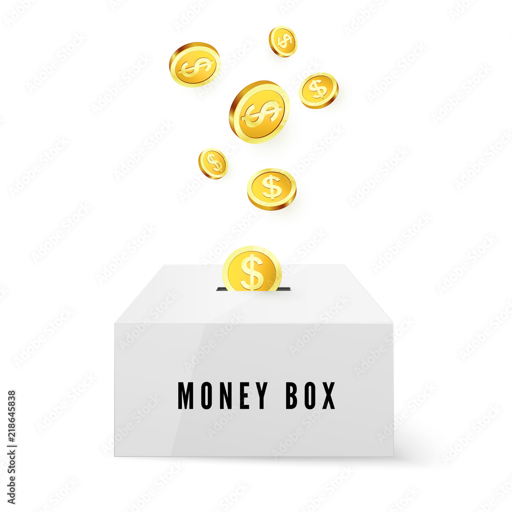 Money Box and Golden Coins. Money drop into box. Vector illustration ...