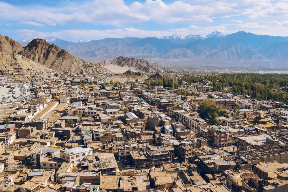 Leh Ladakh aerial cityscape view with barren mountain ranges and ...