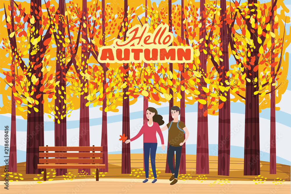 Autumn alley, couple guy and girl characters walking along the path in ...