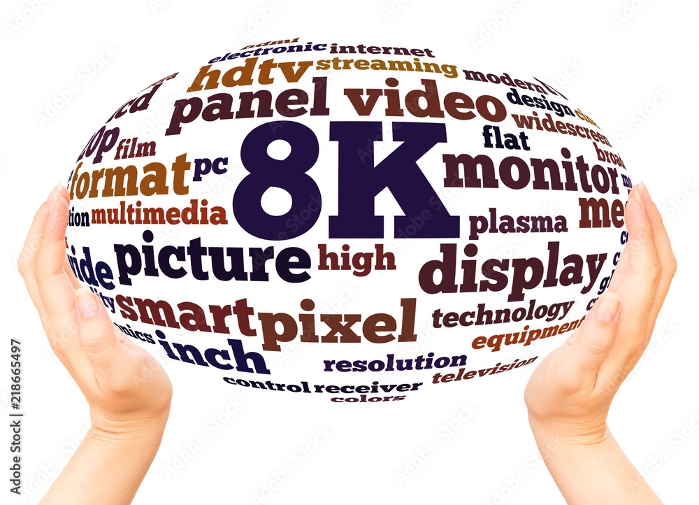 8K screen resolution word cloud hand sphere concept Stock Illustration ...