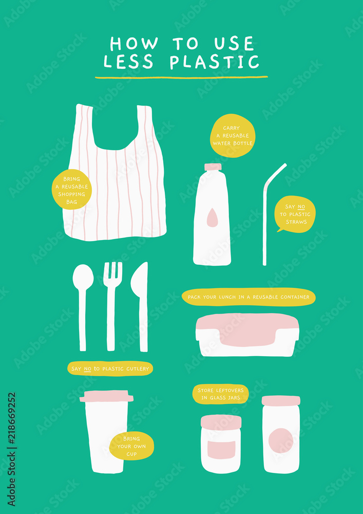 Vector poster with reusable shopping bag, cup, water bottle, containers ...