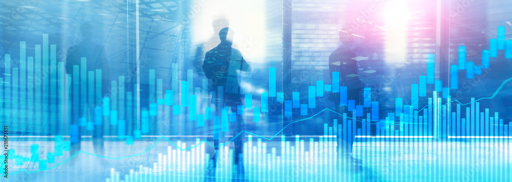 Stock trading candlestick chart and diagrams on blurred office center ...