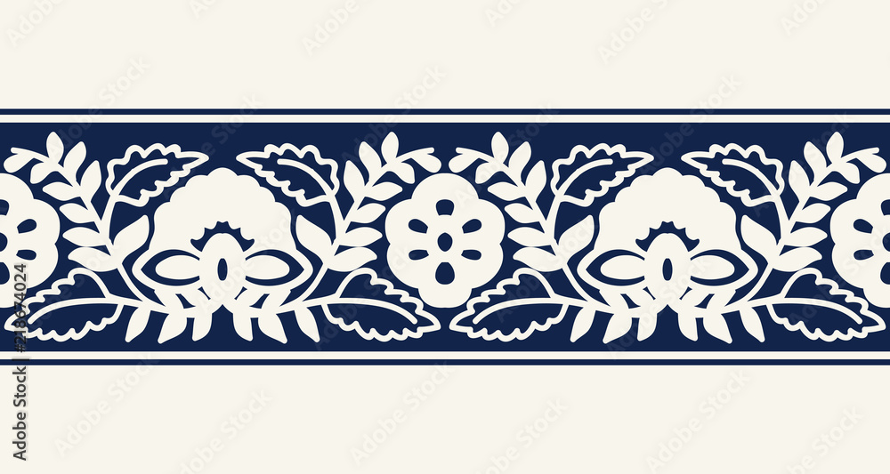 Seamless woodblock printed indigo dye ethnic floral border. Traditional ...