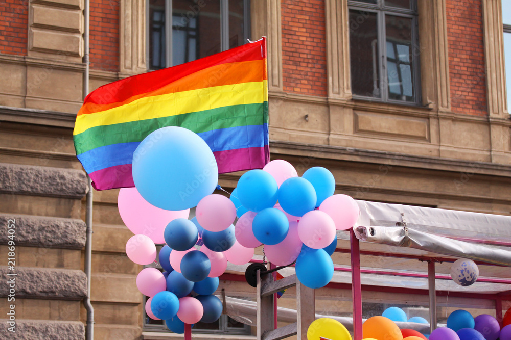 The annual Pride Parade. Rainbow flags and balloons symbolising LGBT ...