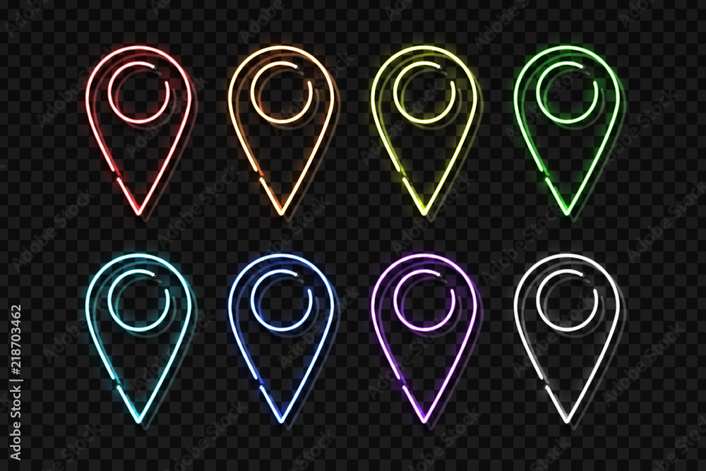 Vector set of realistic isolated neon sign of map pin for decoration ...