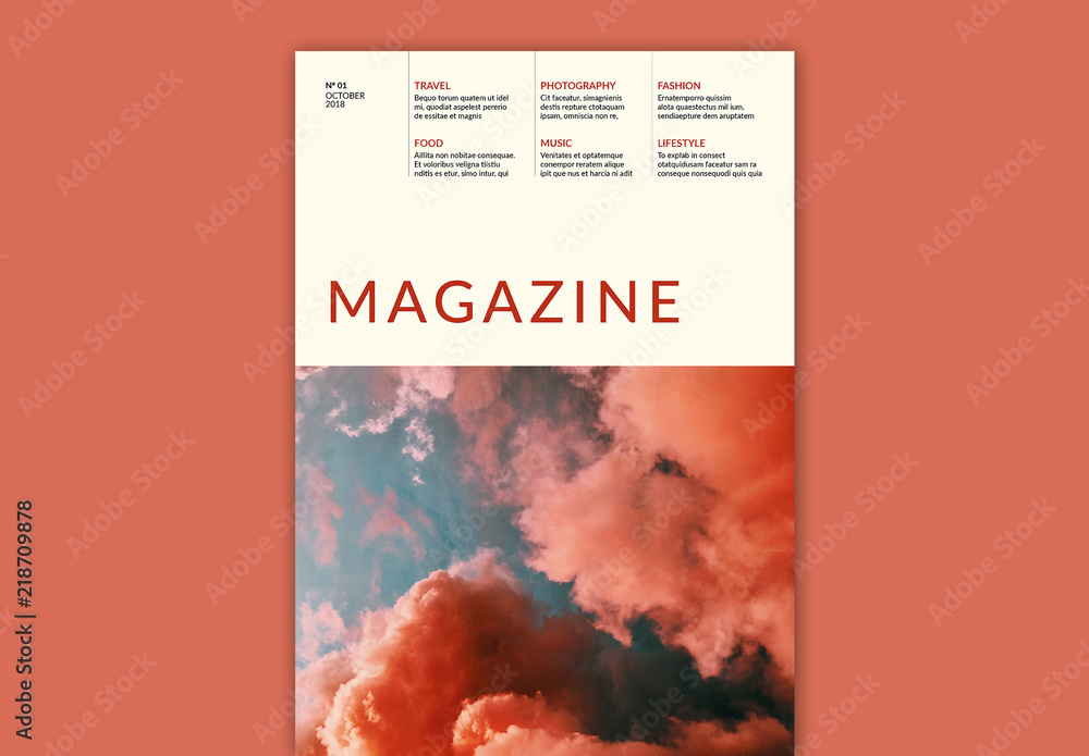 Magazine Cover Layout with Red Accents Stock Template | Adobe Stock