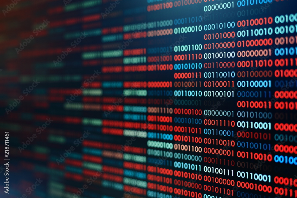 Computer virus infection. Row of binary codes randomly colored red and ...